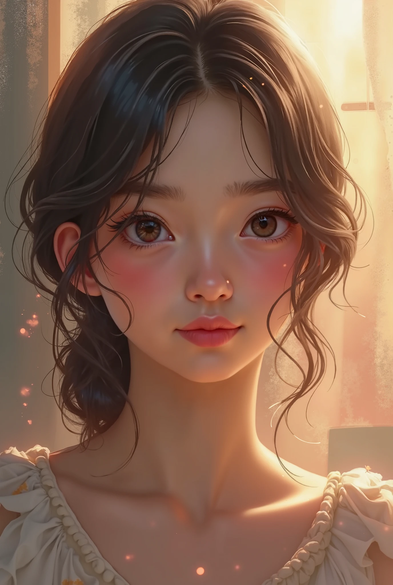Anime girl with a pink cheeks and a white dress - SeaArt AI