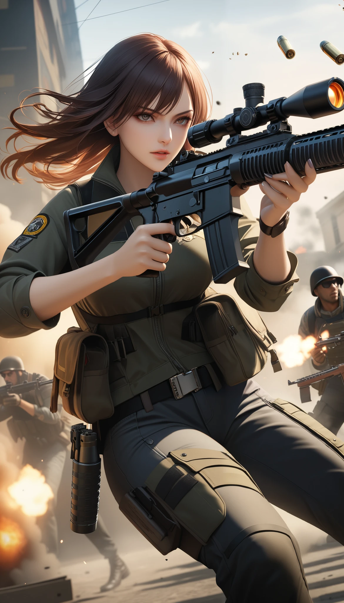 ( 傑作, トップクオリティ:1.2), 女の子1人, 一人で, \ キャラクター " アトラス"\, 銃器を使った戦闘モーション, 銃弾を ...