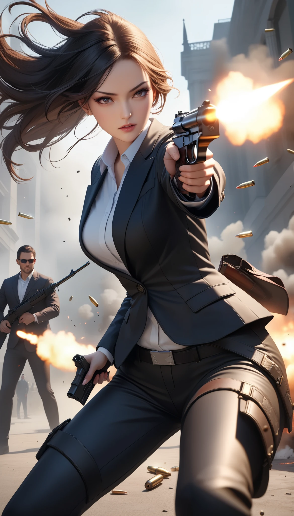 A woman in a suit holding a gun and aiming at a group of people - SeaArt AI