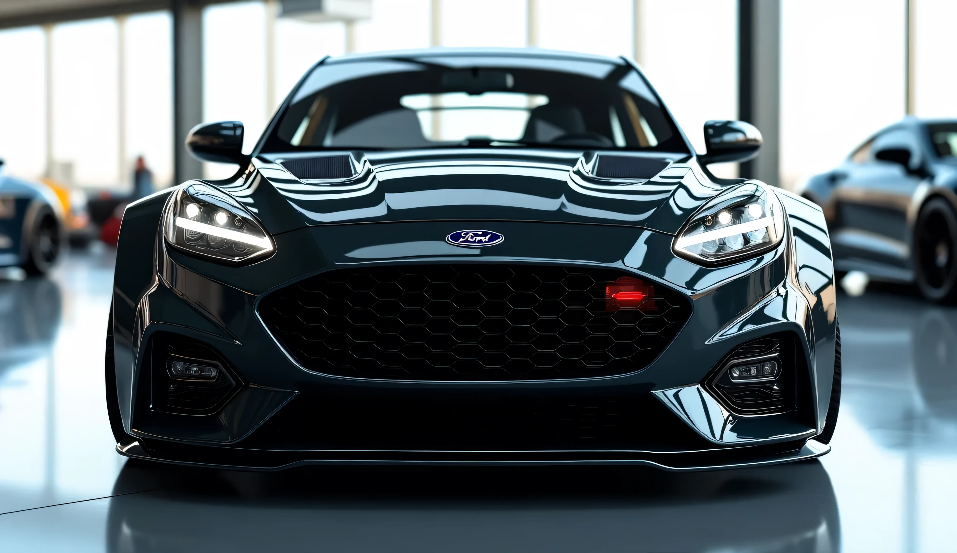 A close up of a car in a showroom with other cars - SeaArt AI