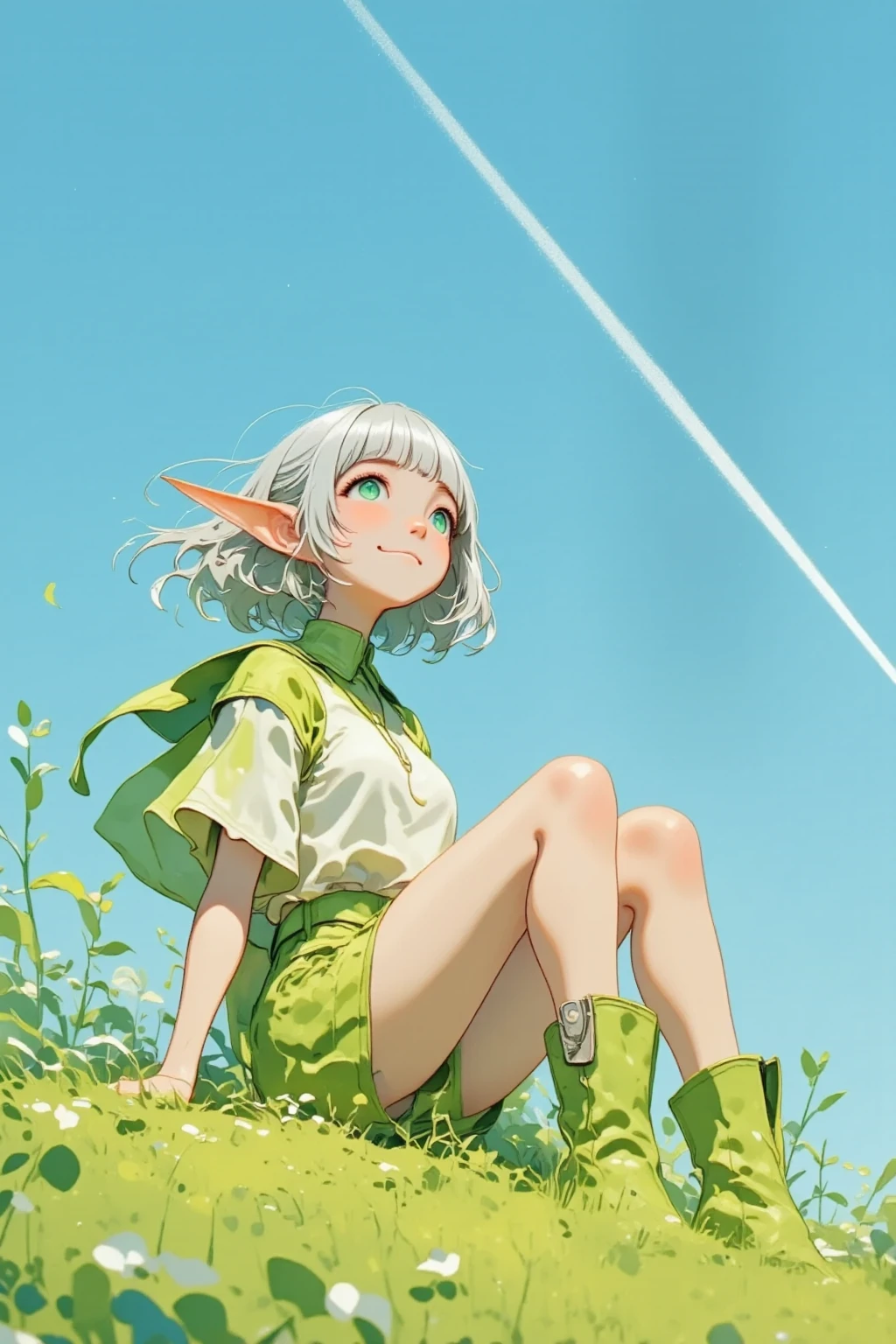 1 elven lady, solo, silver bob cut, blunt bangs, green eyes, Pointy ...