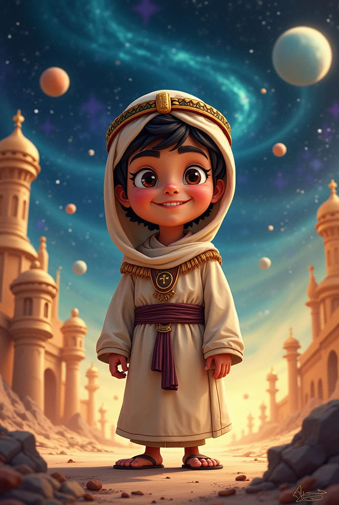 Ancient cartoon arab liitle boy with a cartoon star, and ancient arabs ...