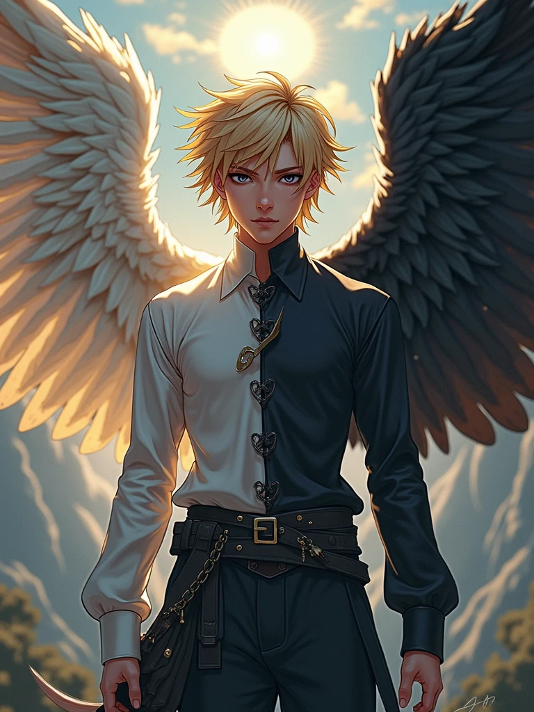 20-year-old boy half demon half angel on one side black wings and on ...