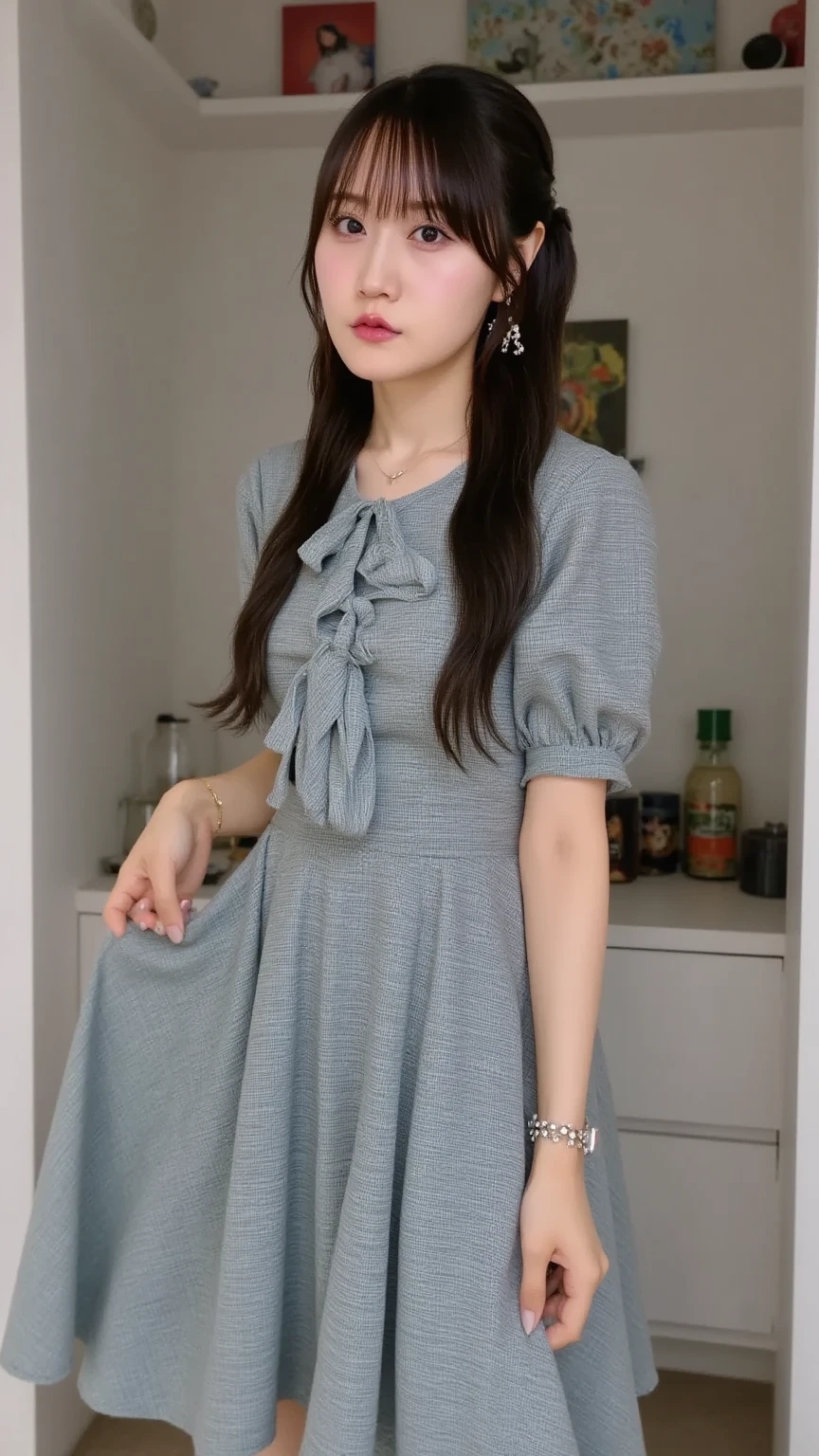 「a mischievous woman with an inappropriate smile、is trying to surprise ...