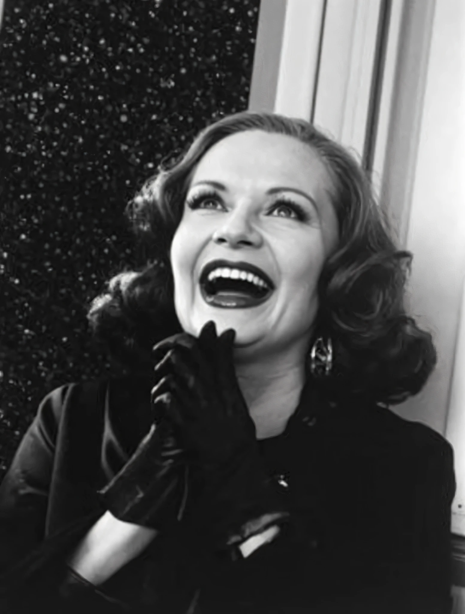 A black and white photo of a woman laughing and wearing gloves - SeaArt AI