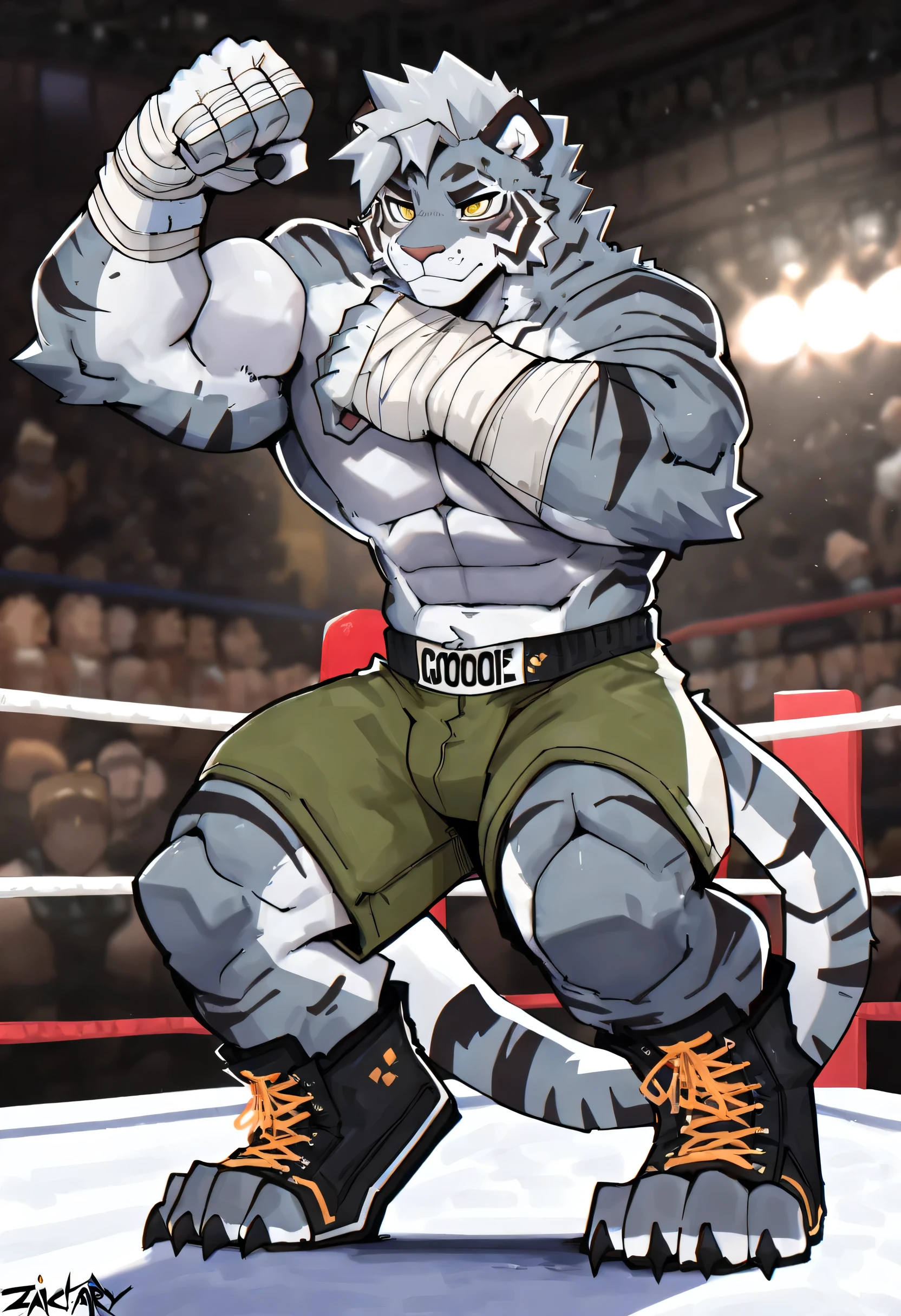 Cartoon of a man in a boxing ring with a tiger on his arm - SeaArt AI