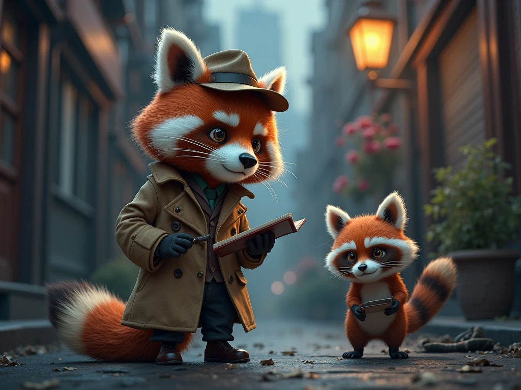 Detective red panda and his friend raccoon - SeaArt AI
