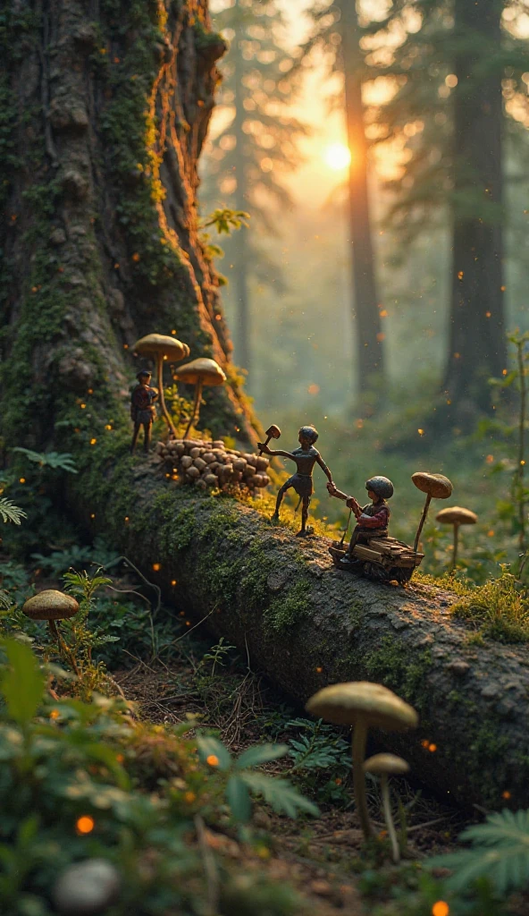 "Deep in an enchanted forest, a team of tiny woodcutters is working on ...