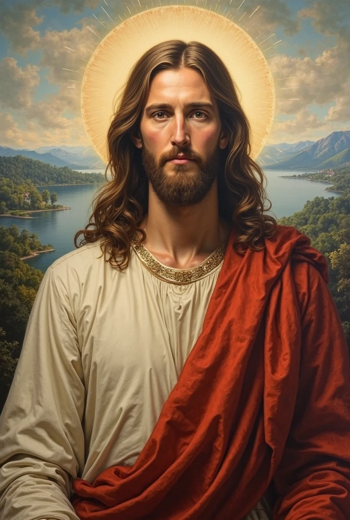 An image of Jesus Christ with a landscape in the background - SeaArt AI