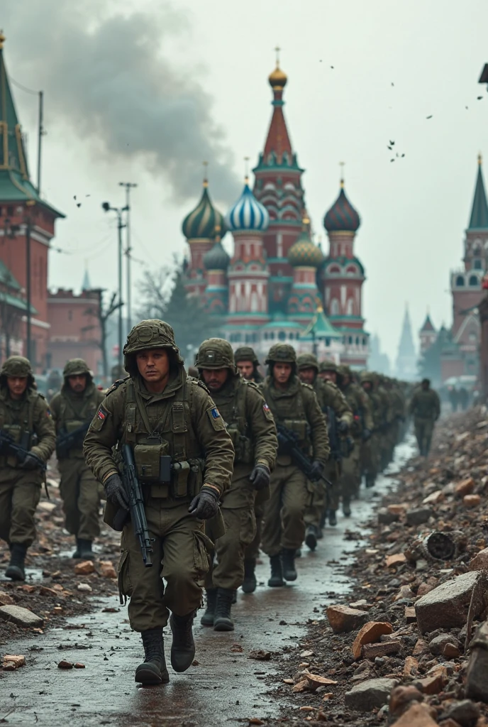 Draw Ukrainian soldiers marching through the bombed Red Square - SeaArt AI