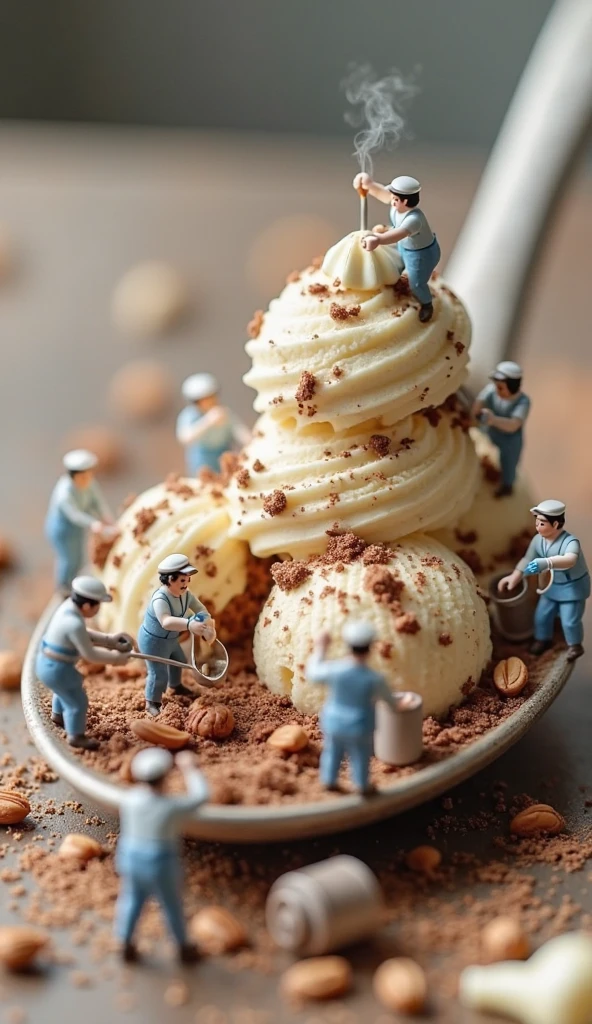 "A hyper-realistic, macro close-up scene of a giant spoon acting as a ...