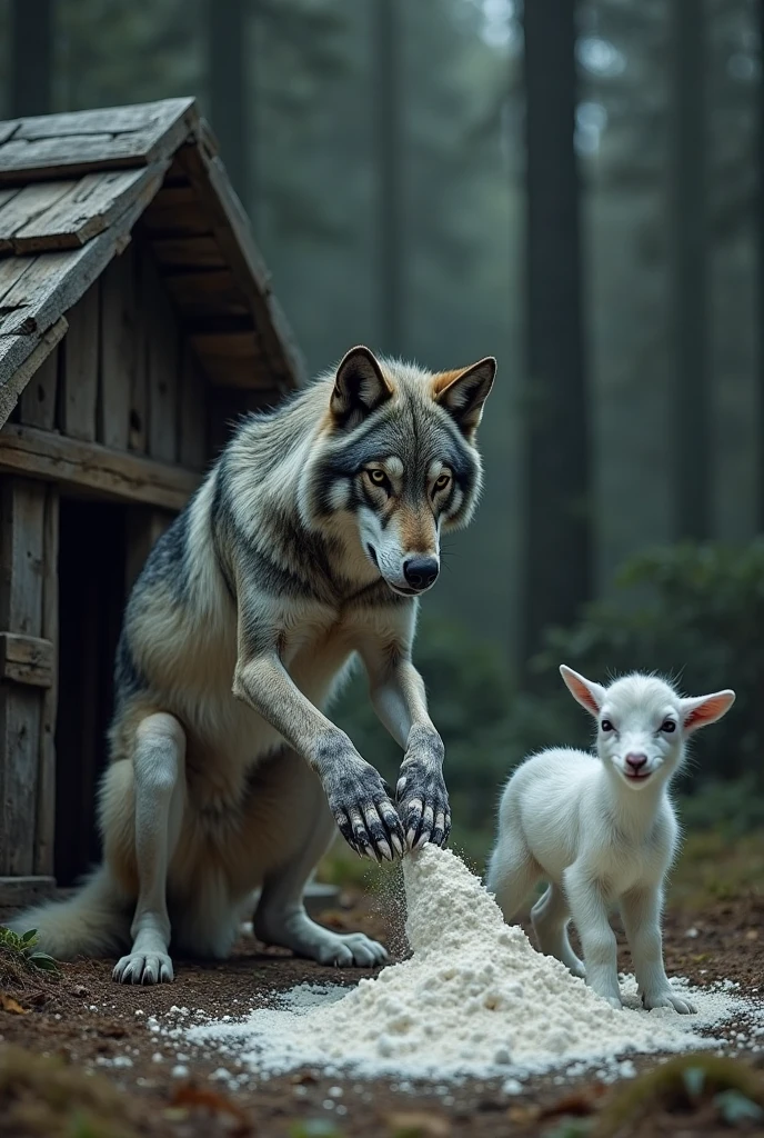 : "A cunning gray wolf dipping its black paws into white flour - SeaArt AI
