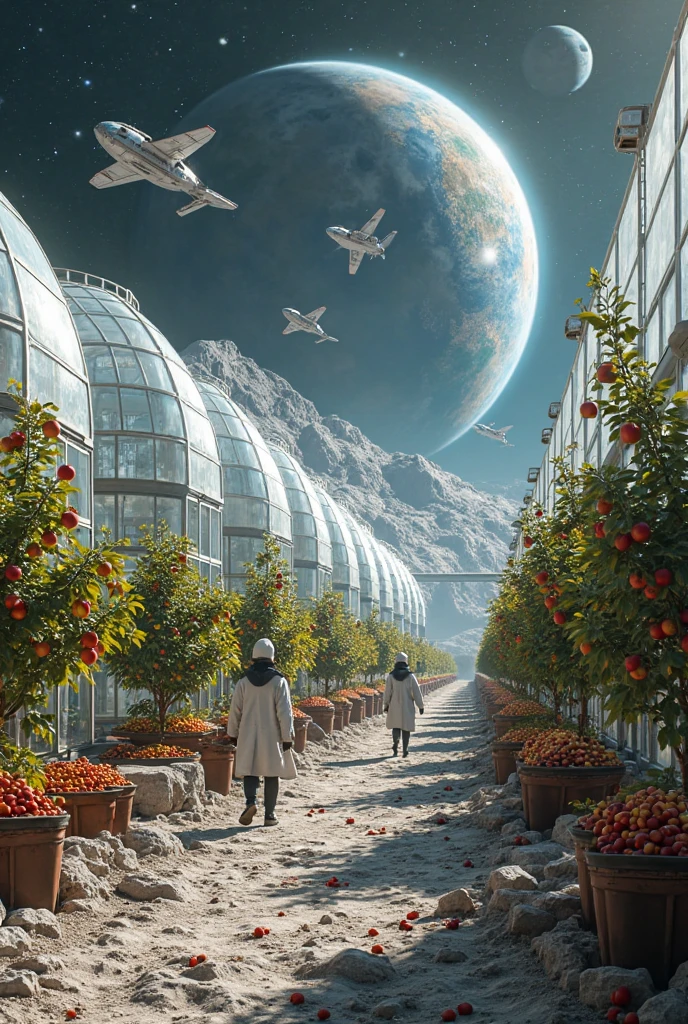 *"On the vast, rocky surface of the Moon, a massive greenhouse spans several acr - SeaArt AI