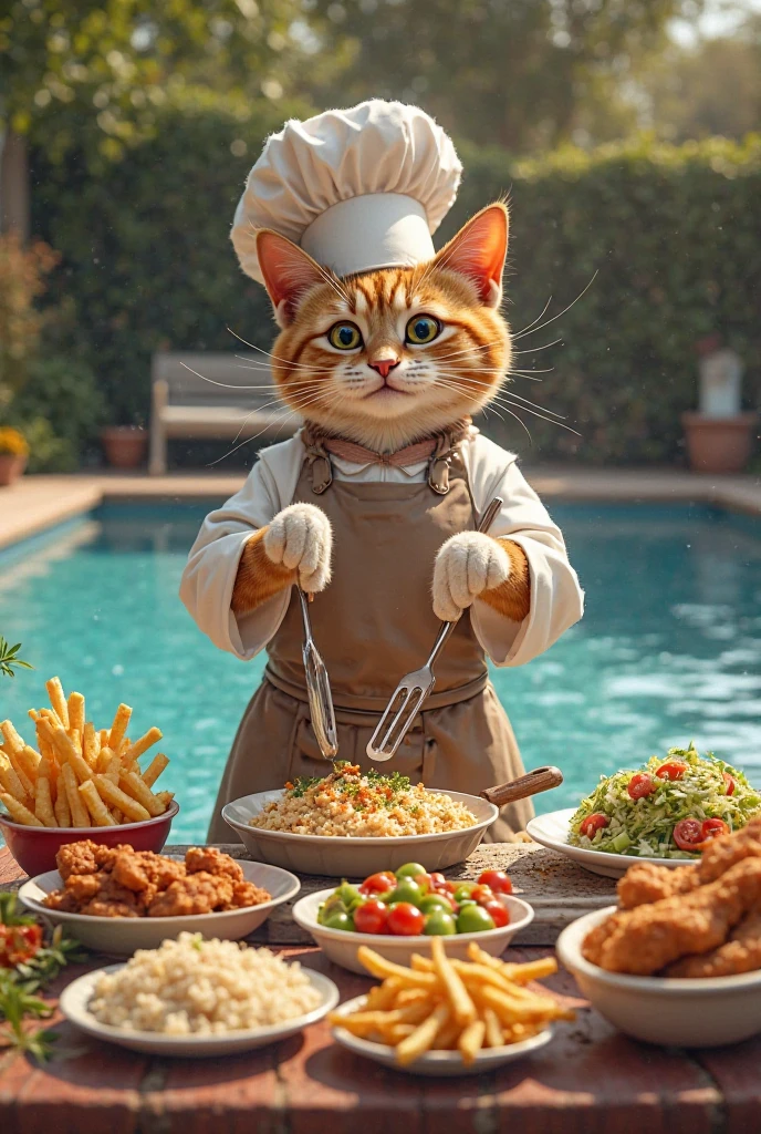 Cat making rice, salad, fries, and frying meat in front of the pool on ...