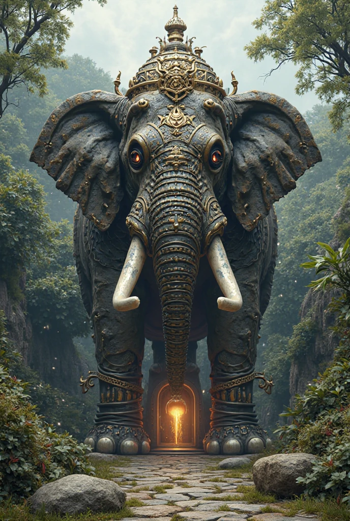 A house with an entrance in the shape of an elephant with armor - SeaArt AI