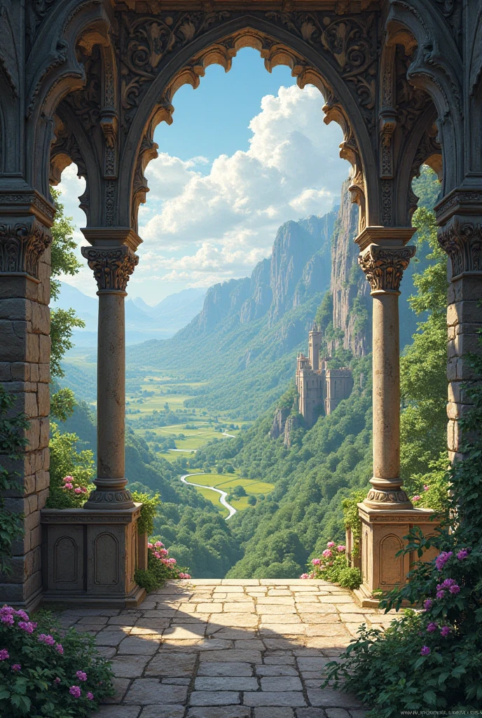 The porch of a castle on top of a large mountain that overlooks a ...