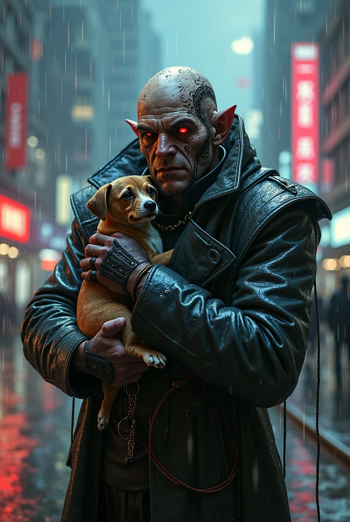 Cyberpunk, cyborg, orc face, bald, trench coat, red eyes, raising small ...