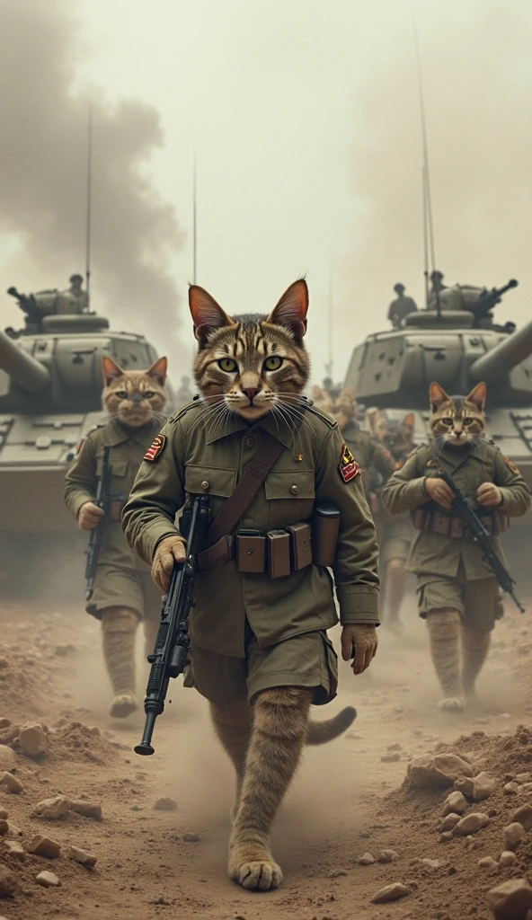 "A group of gray cats wearing military uniforms march in formation ...