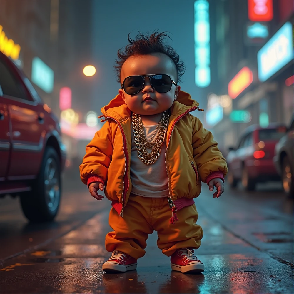 A CUTE LITTLE BABY dressed as a reggaeton singer. realistic and ...
