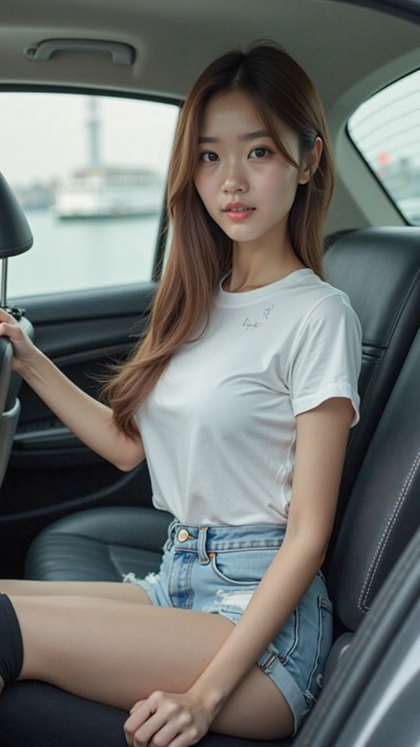 Full body,sit in the back seat of a car,21-year-old Japanese woman ...