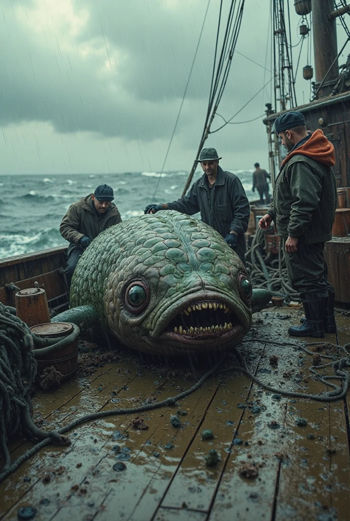 Fish with a monstrous humanoid face, He lies dying on the deck of a ...