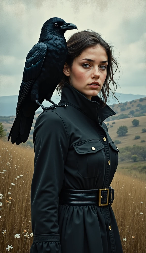 A black crow landed on the woman's shoulder. detailed and distinct ...