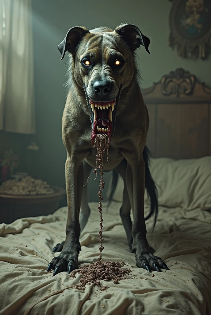 Scary dog standing on two legs on a bed while swallowing a rosary ...