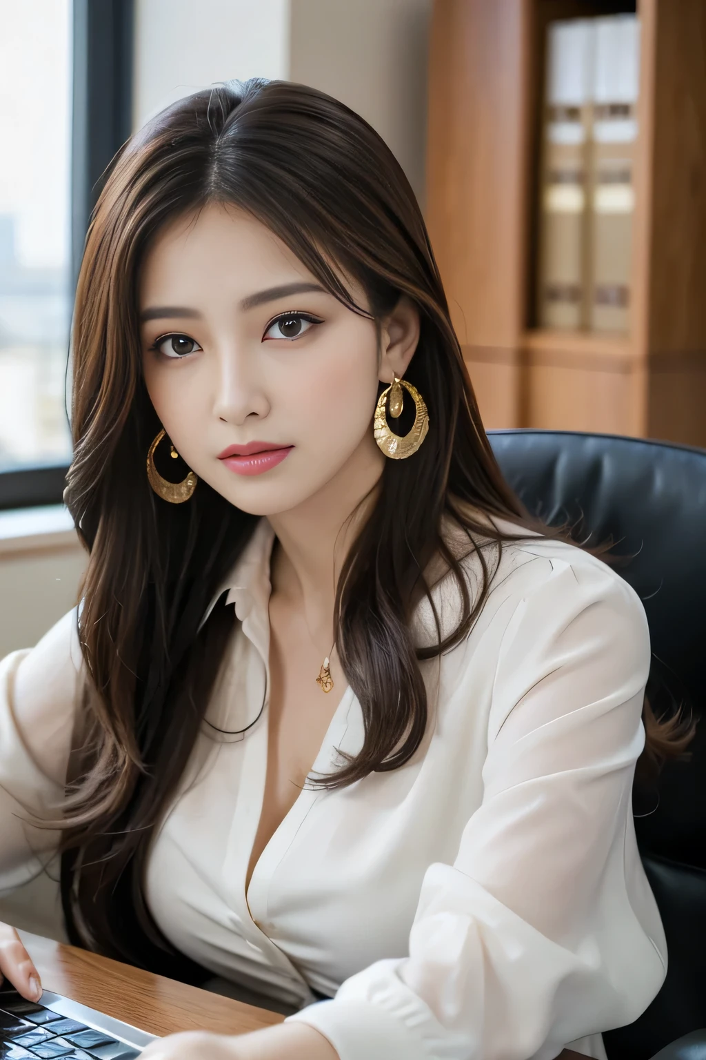 Arafed woman sitting at a desk with a laptop computer - SeaArt AI