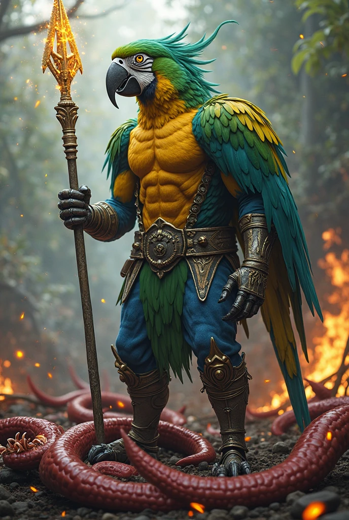 A hyper-realistic, cinematic depiction of an anthropomorphic macaw ...