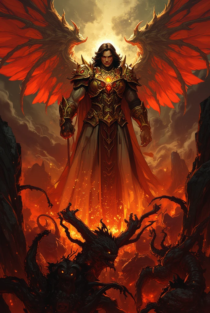 Angel Inarius from the game Diablo 4 floating above demons in Hell ...