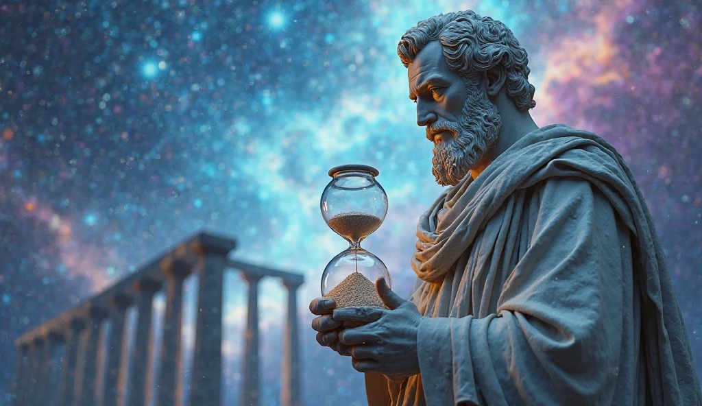 An ancient stoic marble statue, representing a wise philosopher zooming ...