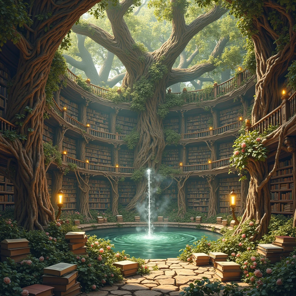 A gigantic library rests inside a monumental tree, their twisted trunks ...