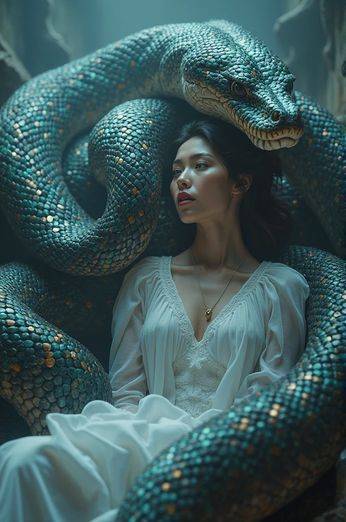 Dramatic cinematic scene of an enormous iridescent python coiled around ...