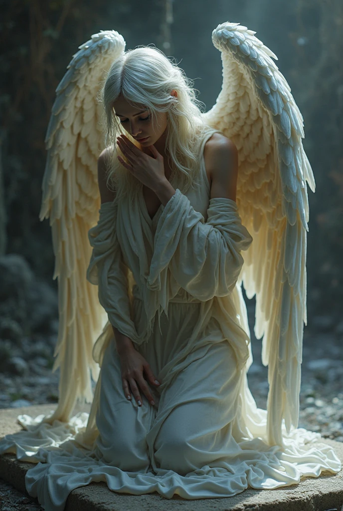 Kneeling angel crying - SeaArt AI