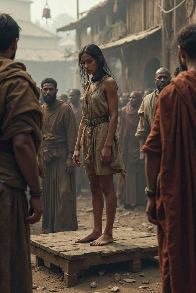 Roman slave market , chain gang captive girls a slave girls stands on a ...