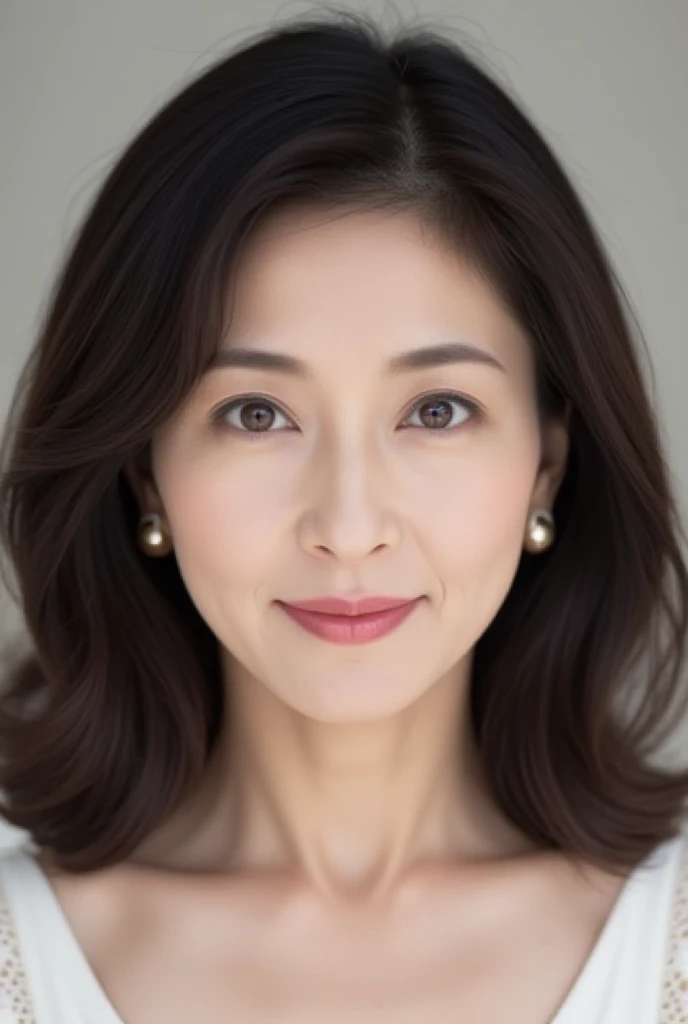 魅力的な中年の日本人女性の接写ポートレート, 48歳, 中くらいの長さのウェーブヘア. 柔らかなカールがフェミニンで優雅なルックスを生み出して ...