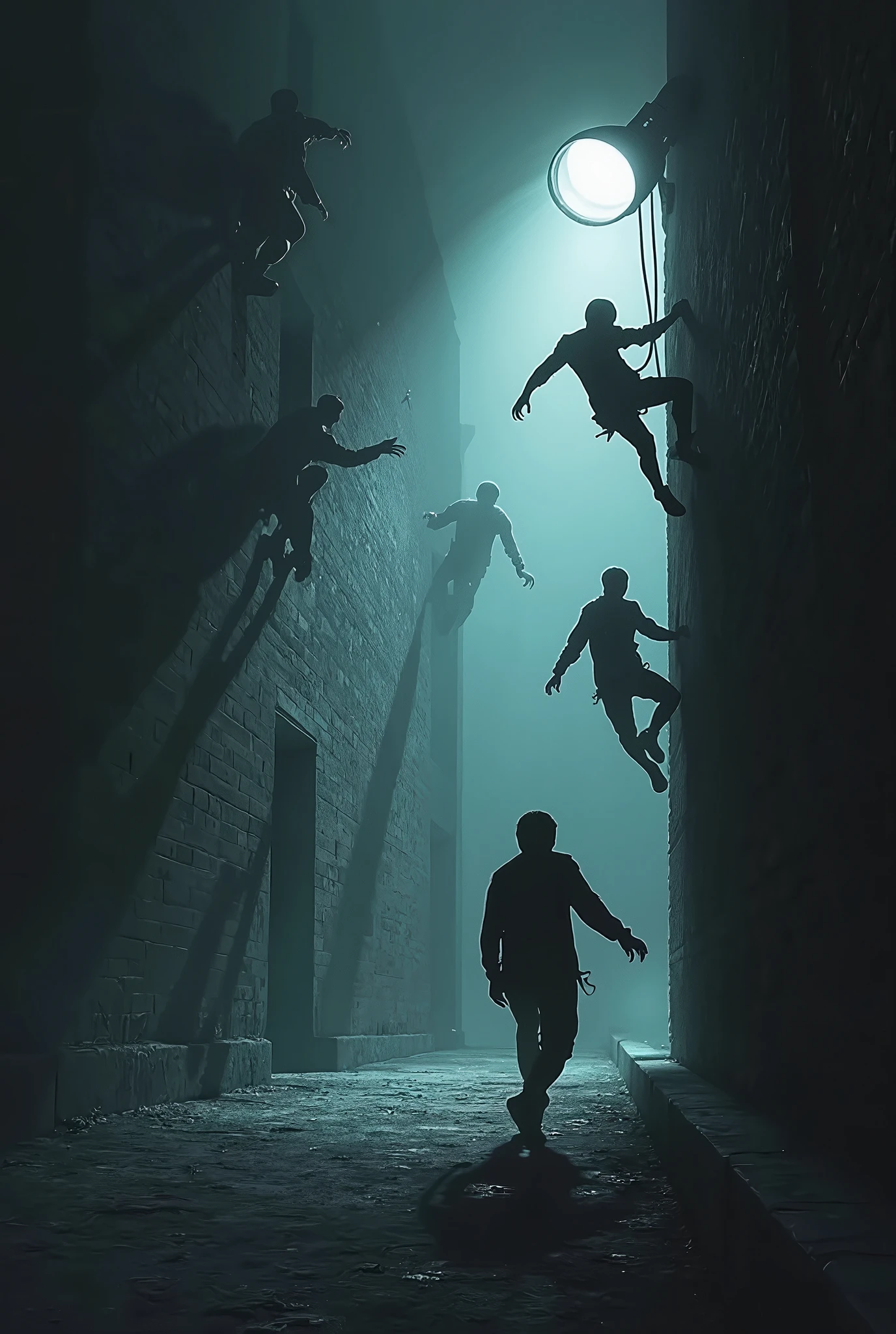 Shadows of people falling down a dark alleyway in a city - SeaArt AI