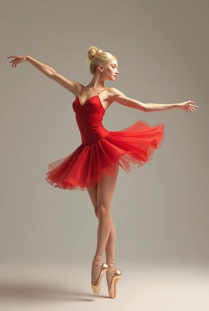 Young age ballerina dancer in red leotard, dance pose, blonde hair updo ...