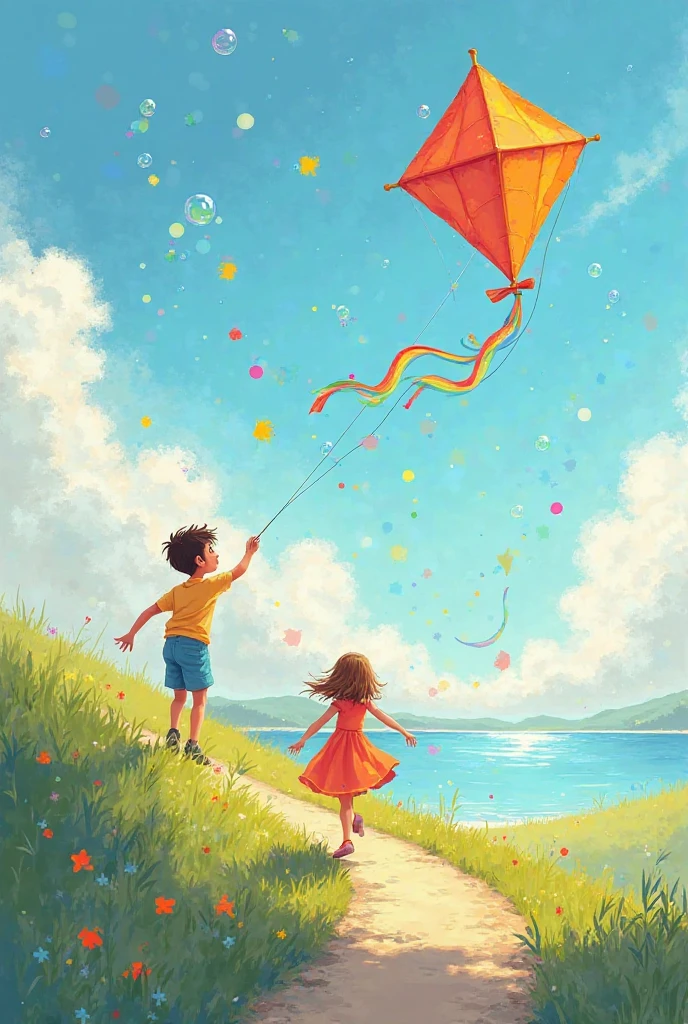 Give me a book cover of kite flying on a dike with scenes of 2 s around ...