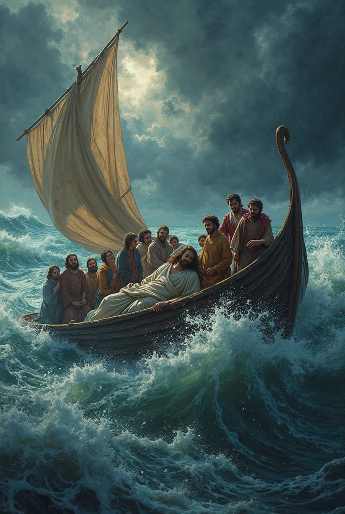 Jesus in the boat sleeping in a storm and the waves were very high and ...