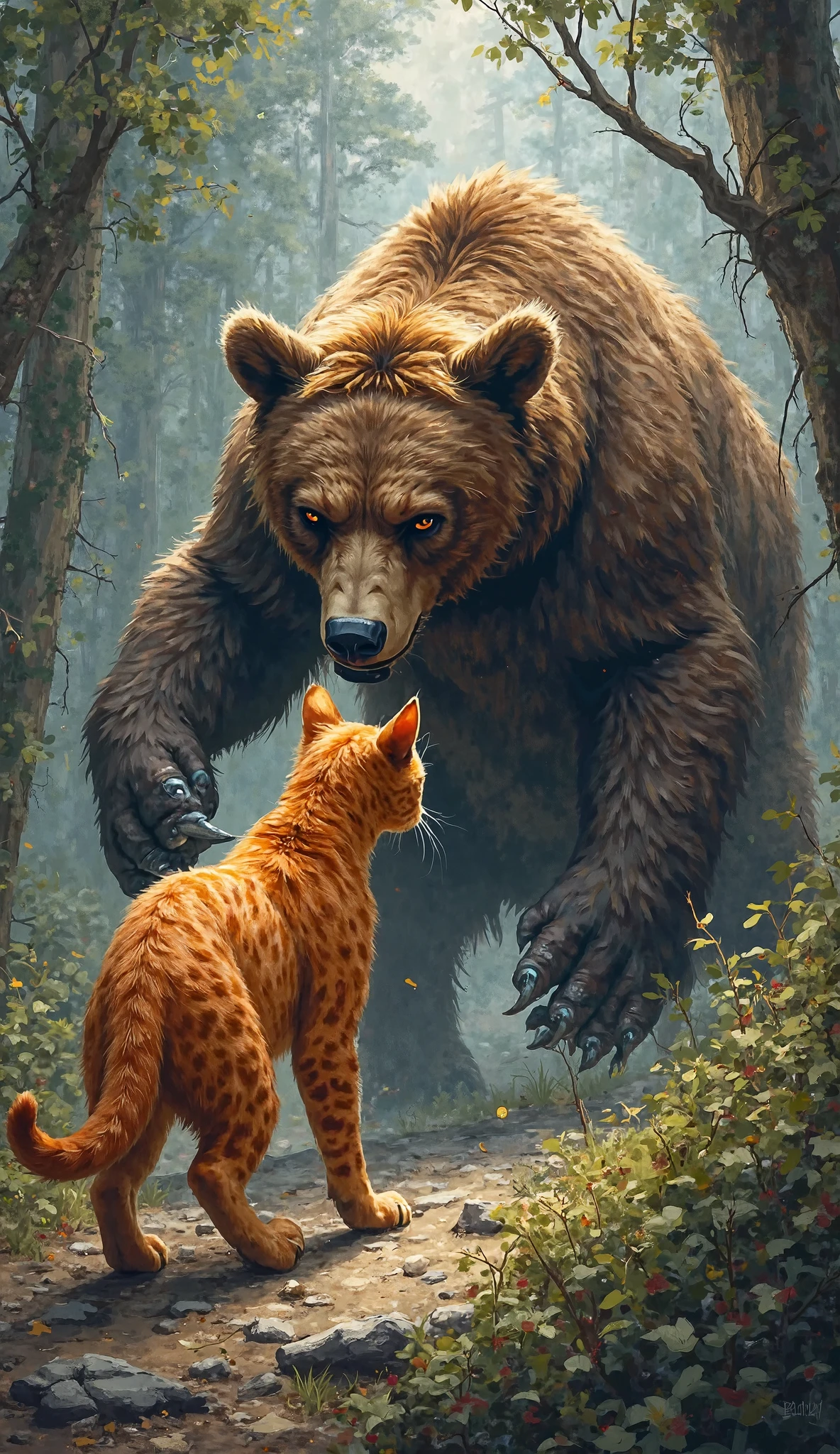 There is a painting of a bear and a cat in the woods - SeaArt AI