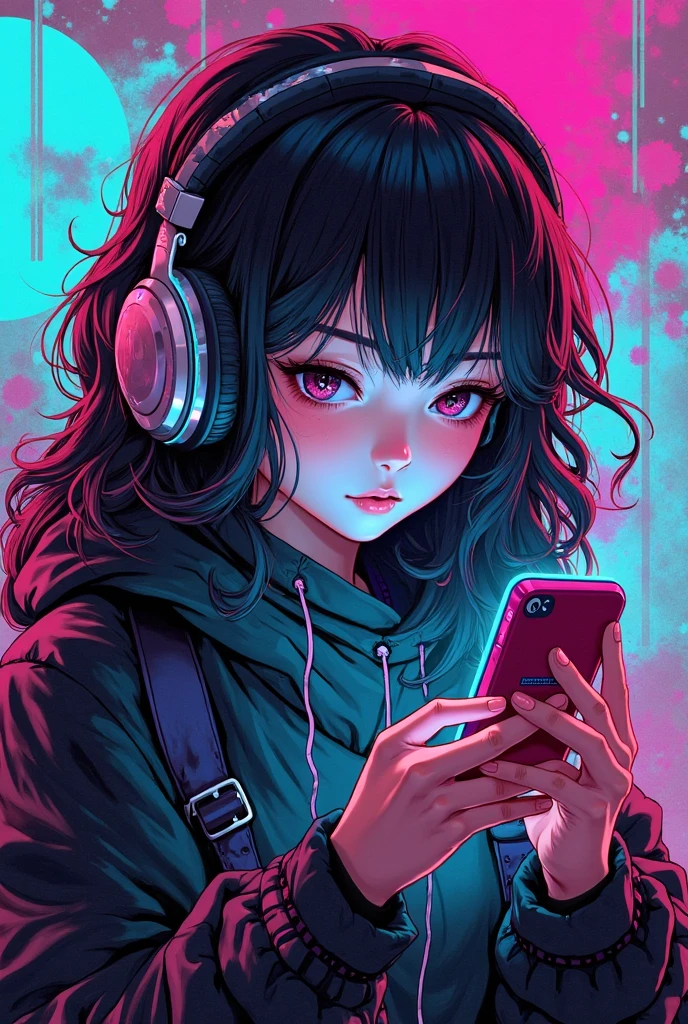 A high-detail, neon cyberpunk anime-style illustration of a girl with ...