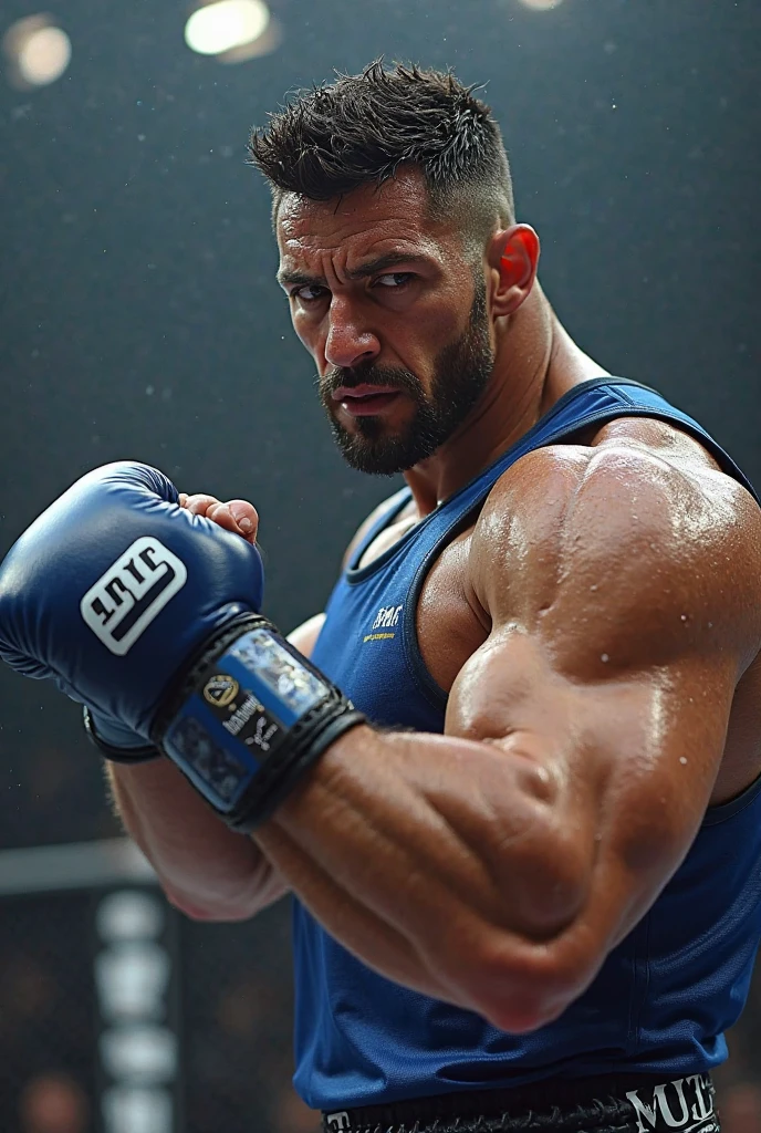 An adult mma fighter in blue gloves and a blue uniform with an angry ...