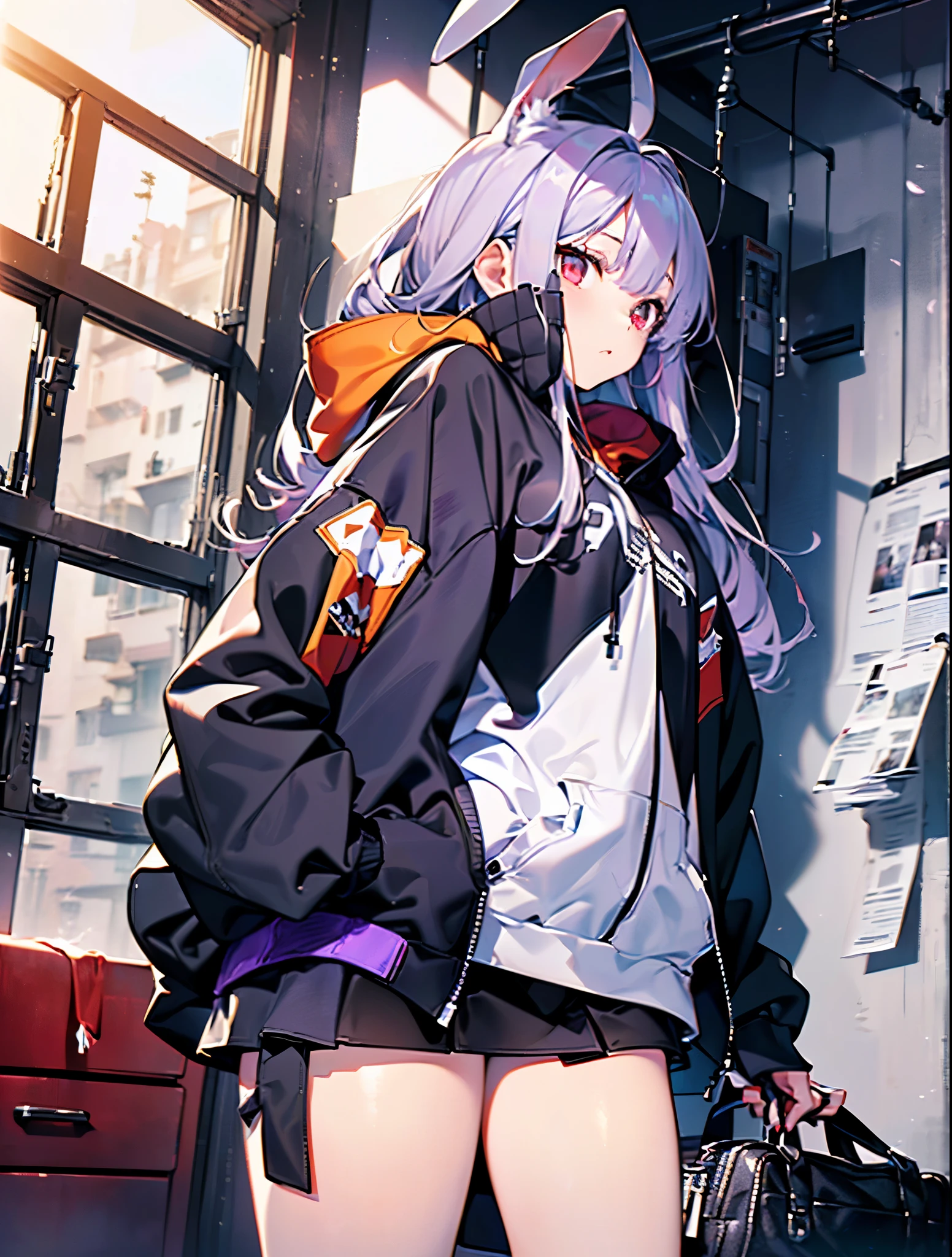 Anime girl with purple hair and black shorts posing in a room - SeaArt AI