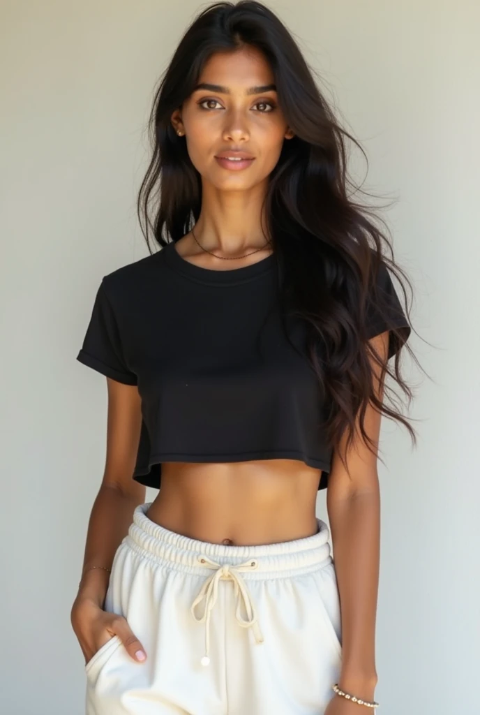 An indian girl wearing a black crop top with white sweatpants - SeaArt AI
