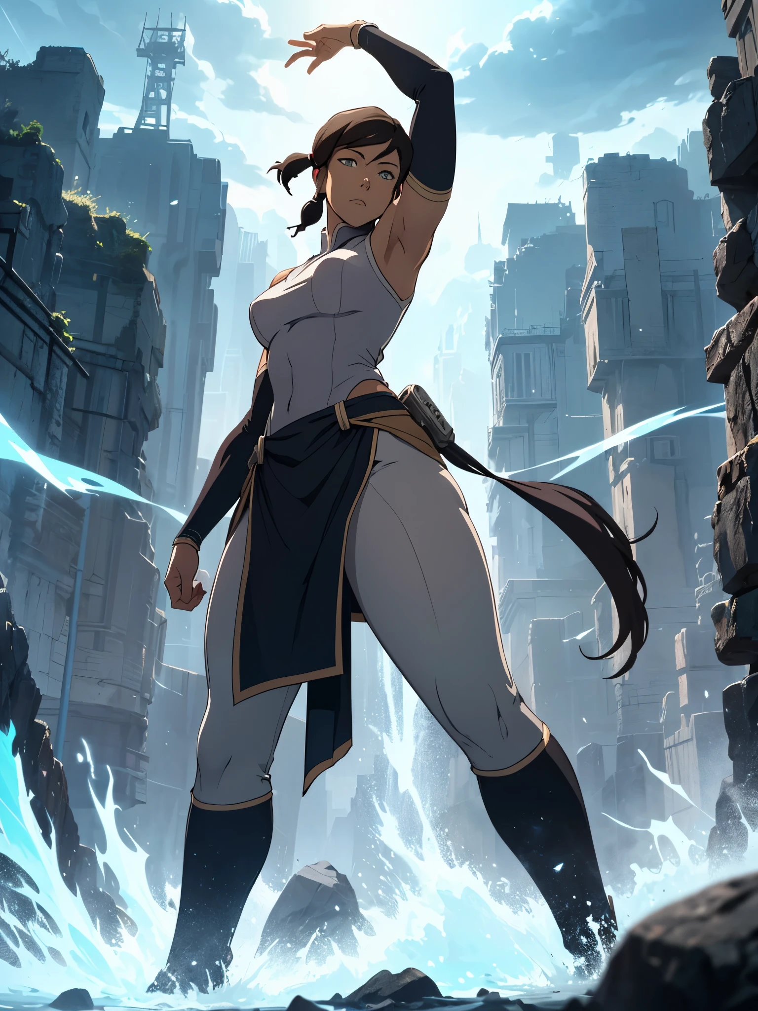 Anime character in a futuristic city setting with a sword（korra ...