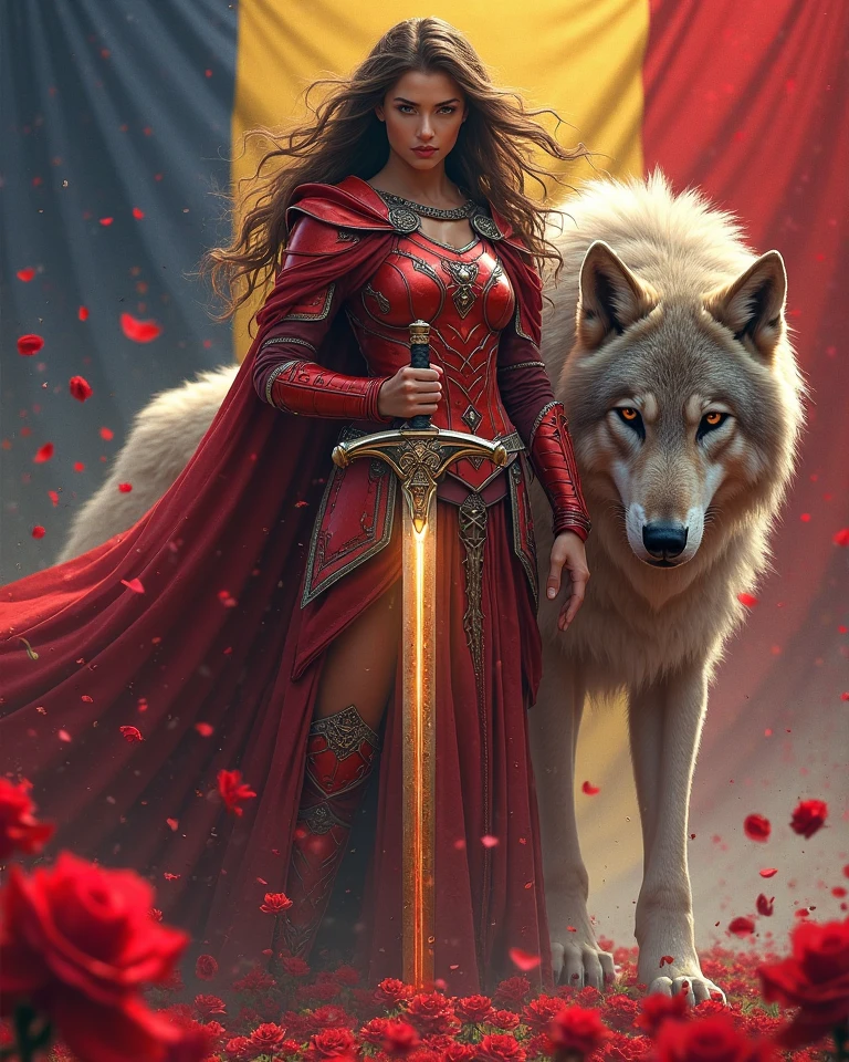 Brunette warrior female armour red with radiant sword and giant wolf ...