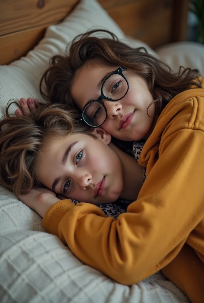 A age couple lies together on a cozy bed, wrapped in a warm embrace ...
