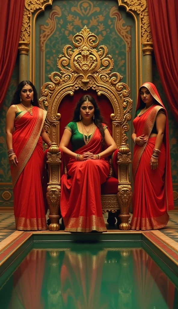 An Indian queen sitting on a large decorated throne kept in her altar ...