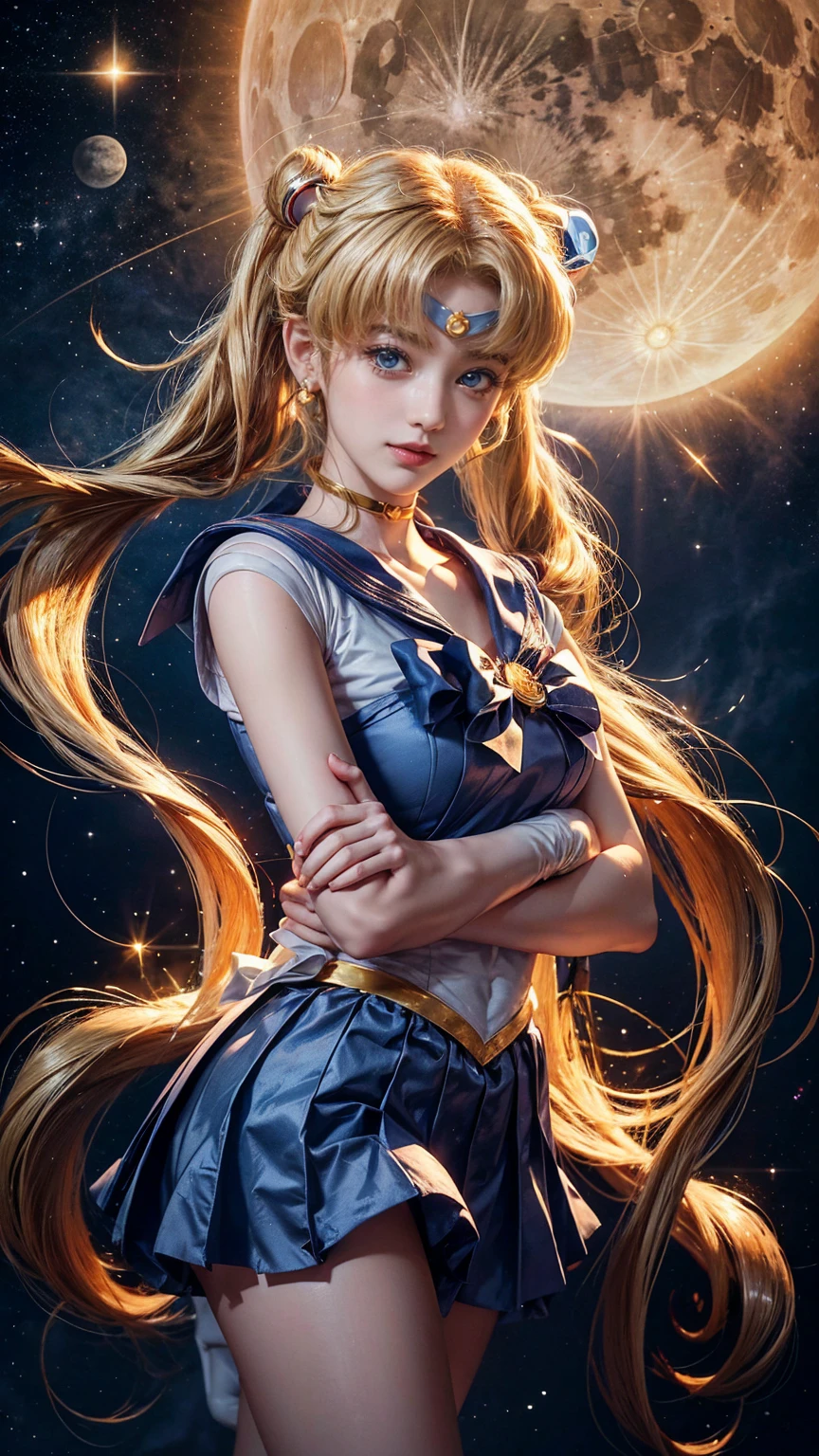 Sailor Moon,Stand on high ground, blue eyes,long golden hair - SeaArt AI